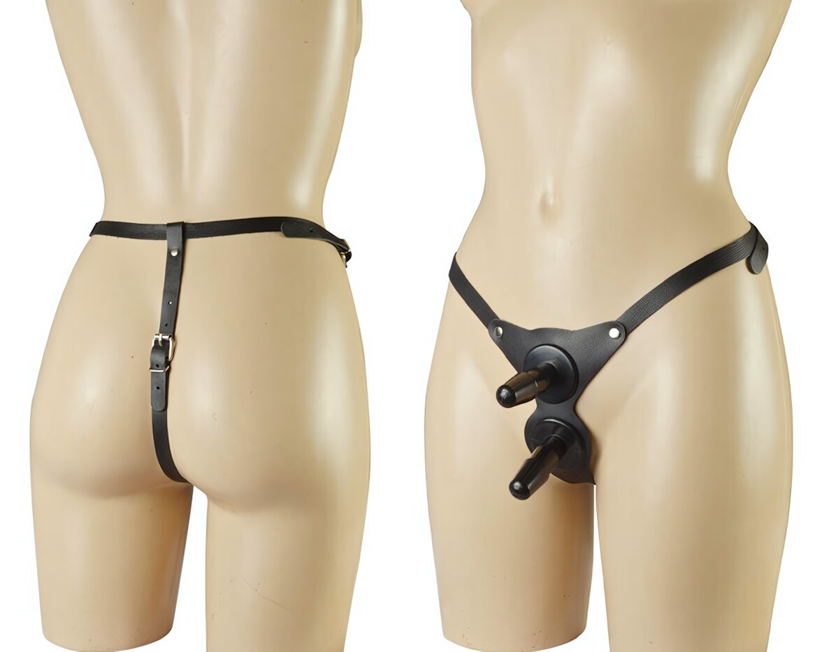 Трусики кожаные с коннекторами, черные, натуральная кожа, регулировка размера