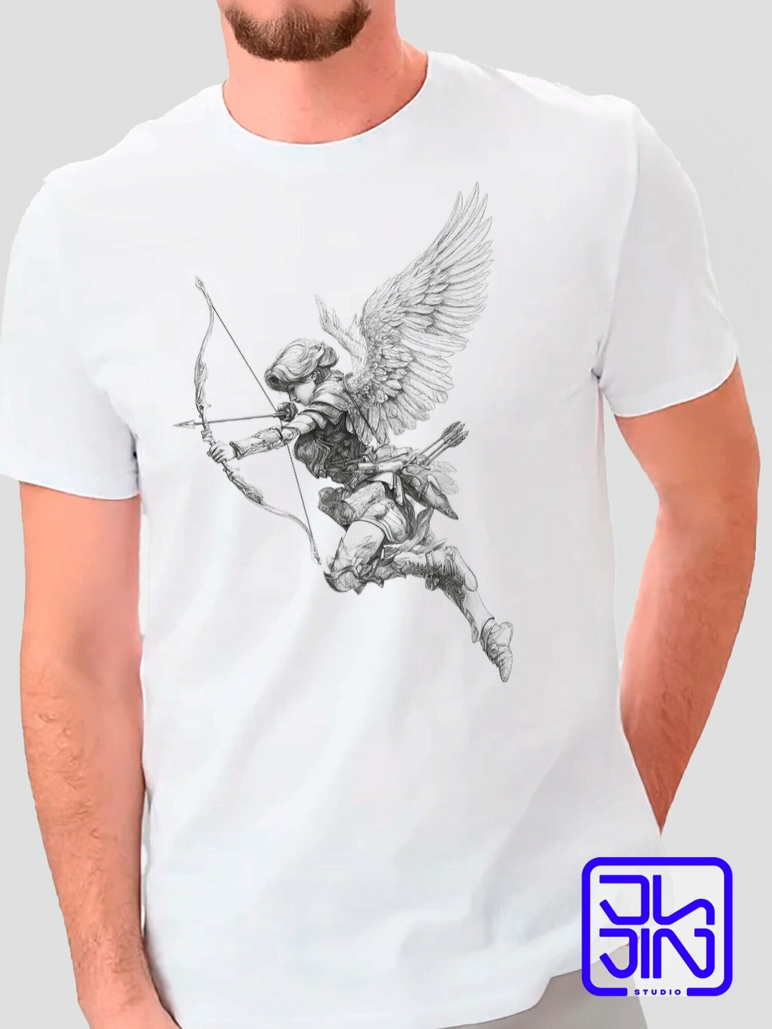 Футболка классическая мужская с авторским принтом Ангел с белыми крыльями и луком в черно белом стиле, изящный, оригинальный, белый хлопковый трикотаж с прикольным рисунком на груди