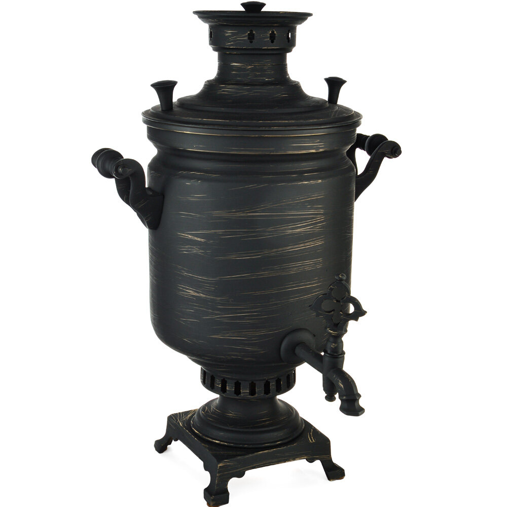 Самовар антикварный на дровах 8 литра формы «Банка», Кольчугино, золотые нити в патине