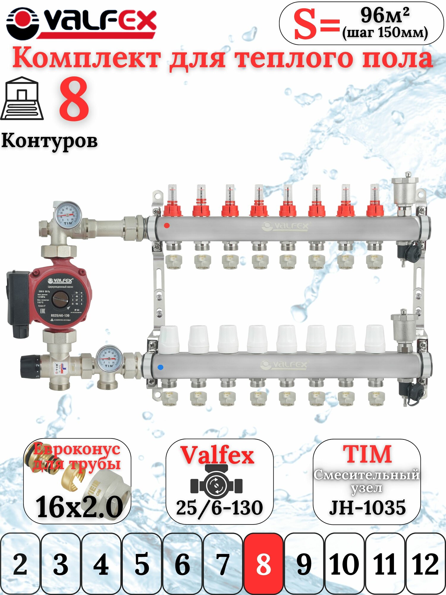 Комплект для водяного теплого пола с насосом до 130 кв/м Коллектор 8 контуров, евроконус 3/4'х16(2.0) VALFEX