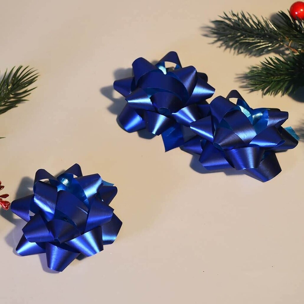 Бант декоративный 5см, синий глянцевый, набор 3 шт для подарков