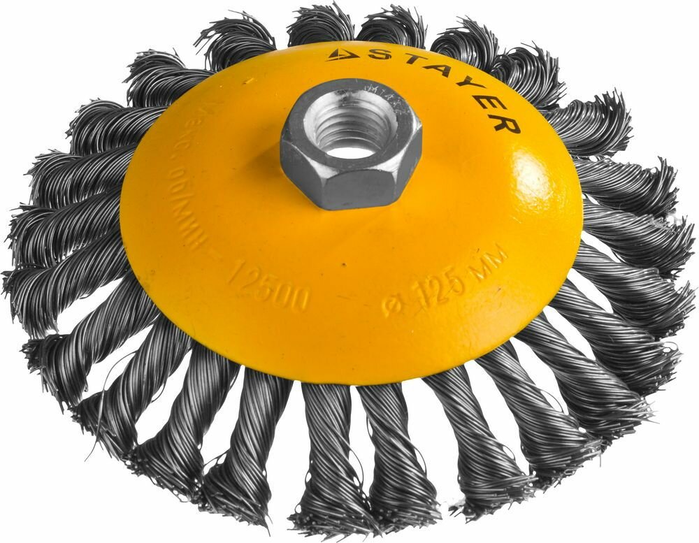 Щетка-крацовка STAYER, 125 мм, жгутированная сталь 0.5 мм, коническая, для УШМ Professional 35135-125