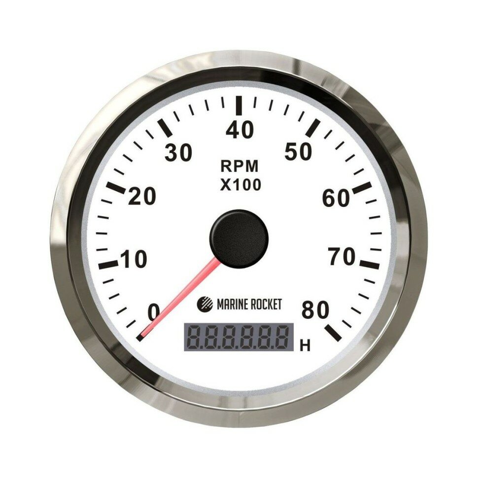 Тахометр 0-8000 об/мин со счетчиком моточасов делитель 1-10, белый циферблат, нержавеющий ободок, Marine Rocket (Москва)