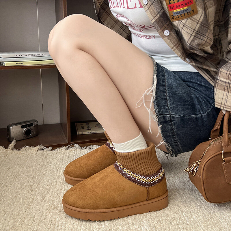 Женские вязаные зимние ботинки на толстой подошве, большого размера, новые короткие ботинки на осень и зиму, а также обувь из бархата и плотного хлопка.