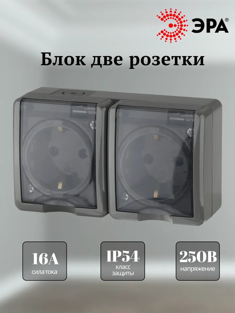 Розетка двухпостовая ЭРА Эксперт с заземлением, с защитными шторками, с крышкой, IP54, для открытой проводки, серый