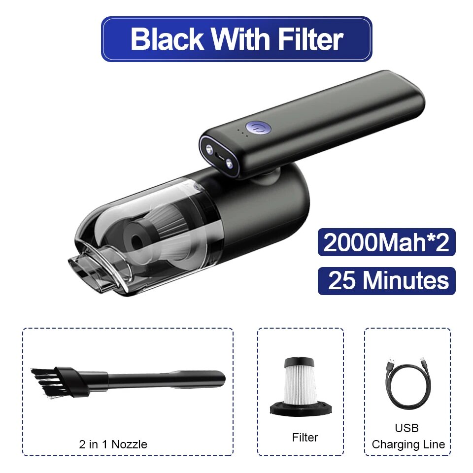 Портативный автомобильный пылесос Yannice с вращением на 180 для домашнего использования в автомобиле, 9200 PA, сильная мощность всасывания, высокоэффективное устройство для очистки Black With Filter