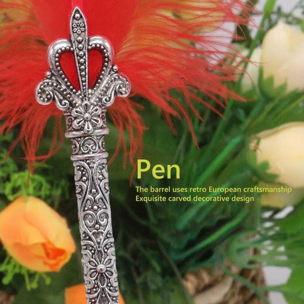 Перьевое перо белое, комплект с пятью сменными наконечниками и стеклянной чернильницей