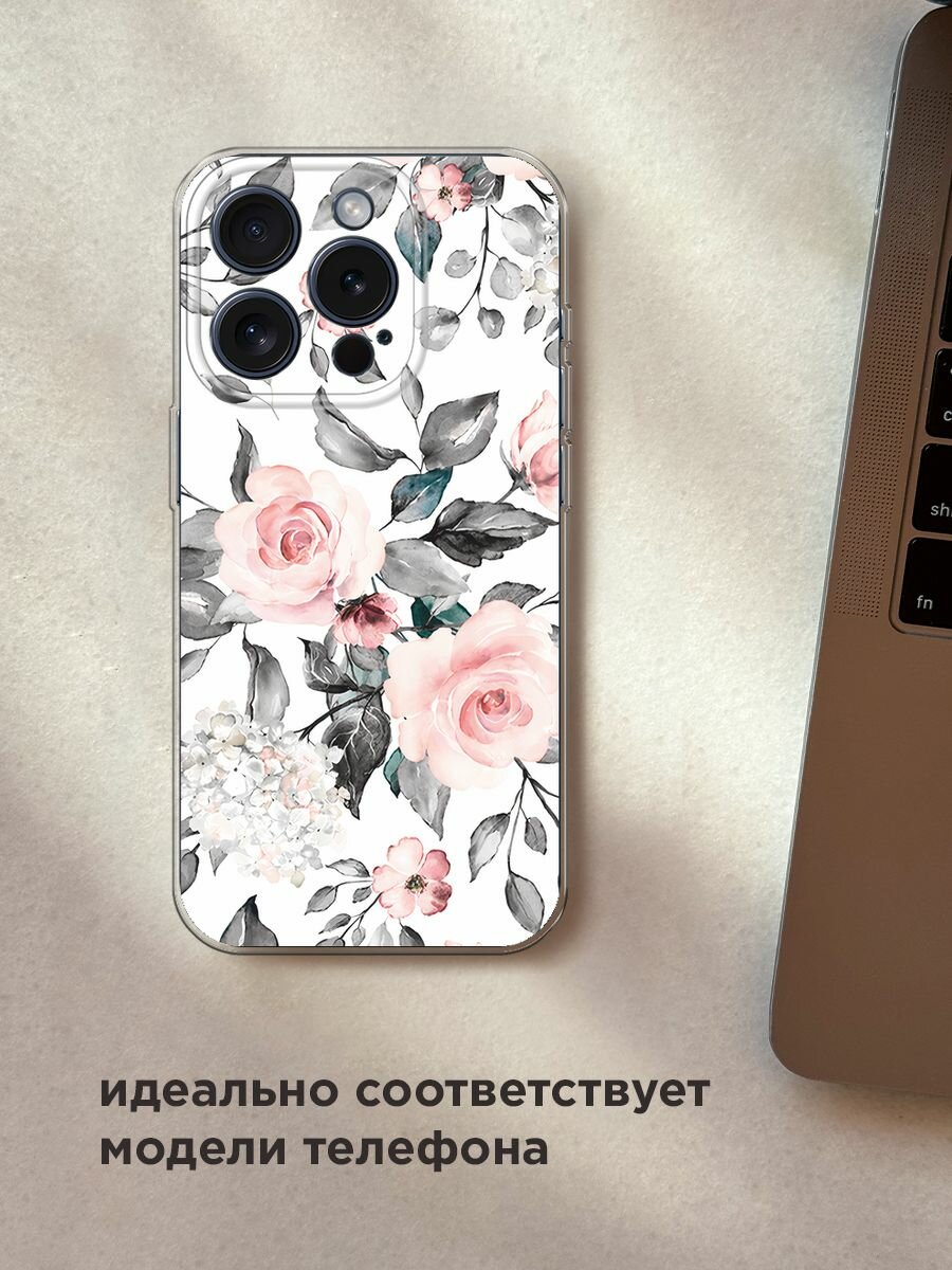 Чехол на Apple iPhone 15 Pro / Айфон 15 Про с принтом "Розы на белом" — фото 1