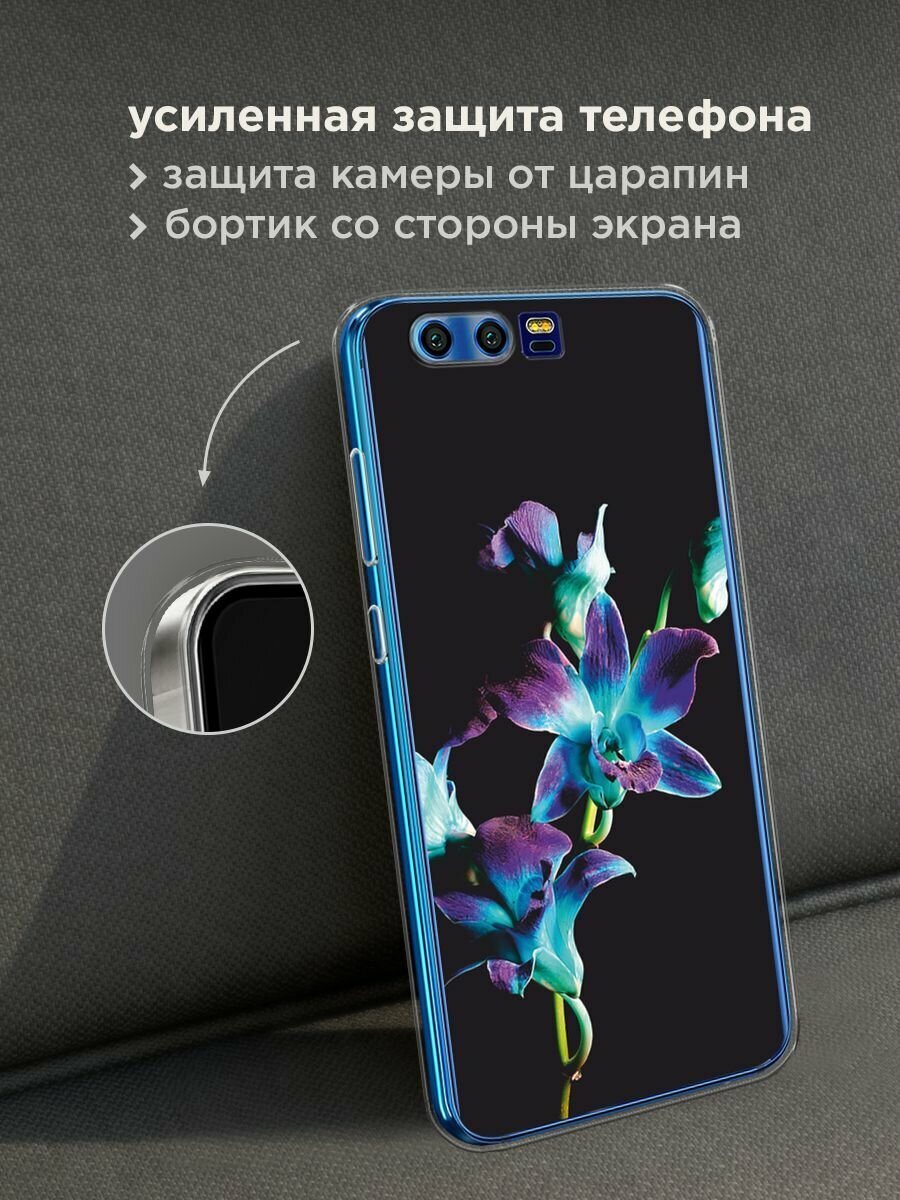 Чехол на Honor 9 / Хонор 9 с принтом "Синий цветок на черном" — фото 1
