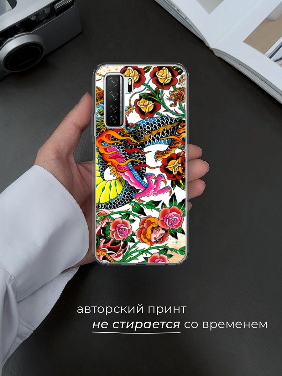Чехол на Honor 30S Global/Huawei P40 Lite 5G/Nova 7 SE с принтом "Дракон в цветах" — фото 1