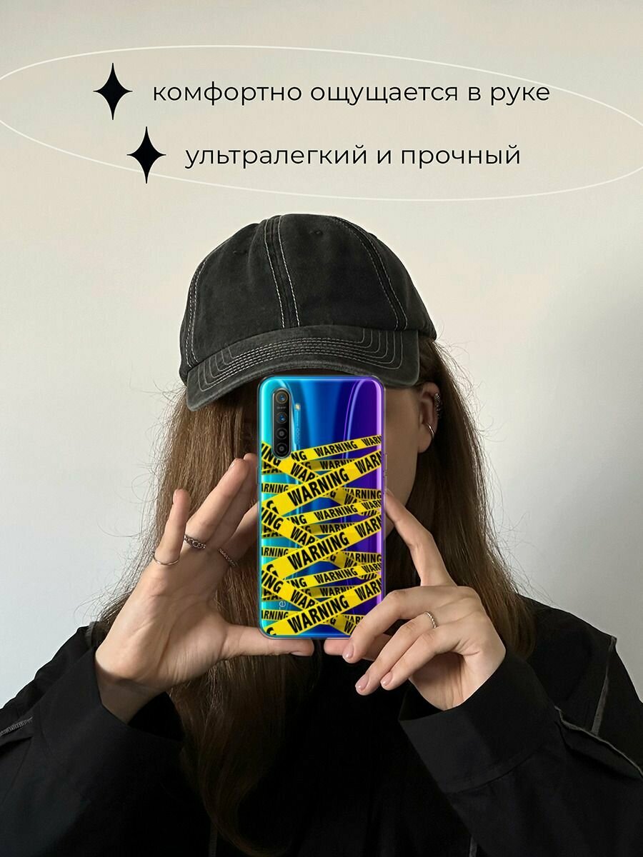 Чехол на Realme XT / Реалми XT с принтом "Warning!", прозрачный — фото 1