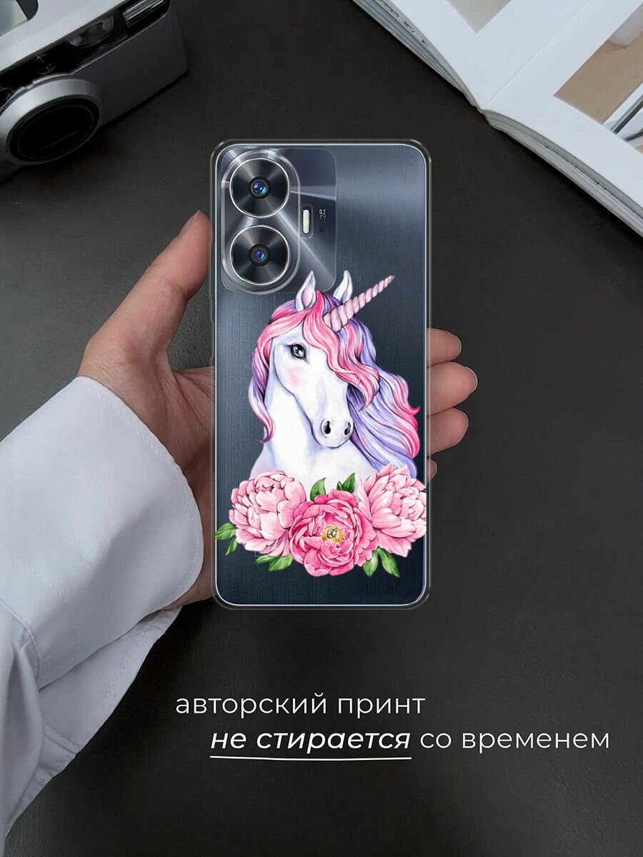 Чехол на Realme C55 / Реалми C55 с принтом "Единорог с пионами", прозрачный — фото 1
