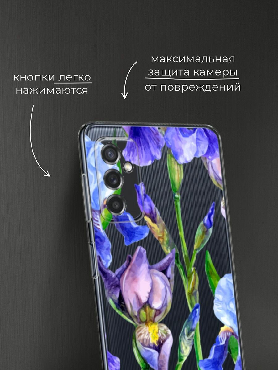 Чехол на Samsung Galaxy M52 / Самсунг Галакси M52 с принтом "Синие ирисы", прозрачный — фото 1