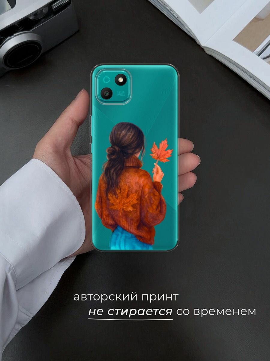 Чехол на Wiko T10 / Вико Т10 с принтом "Девушка с опавшим листом", прозрачный — фото 1
