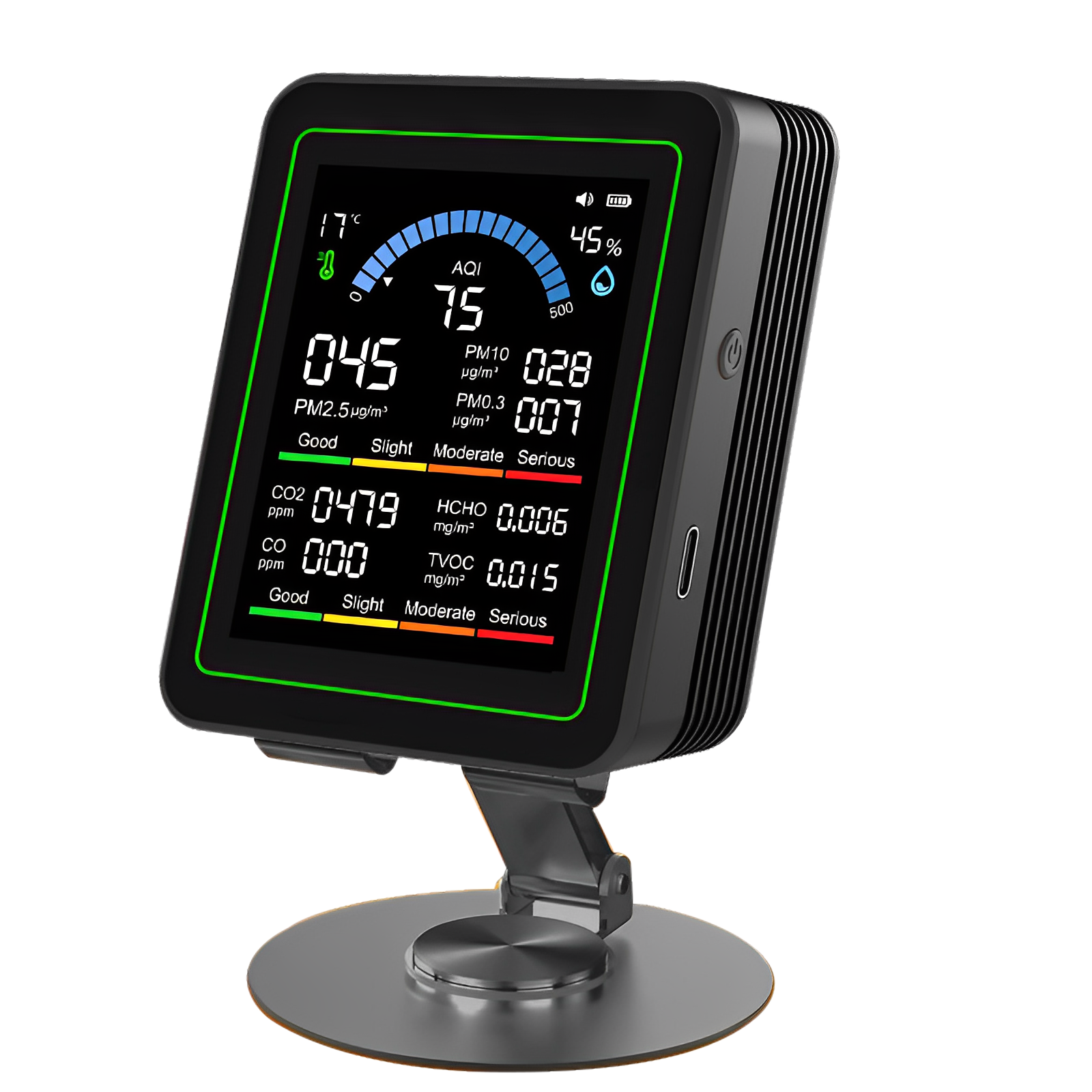 Тестер качества воздуха 10-в-1 с дисплеем TFT цветным 2.8 дюйма PM2.5/PM10/PM0.3/HCHO/TVOC/CO₂/CO/AQI/Температура/Влажность встроенная батарея 2000mAh черный/белый (выбор) модель ZN-MT13