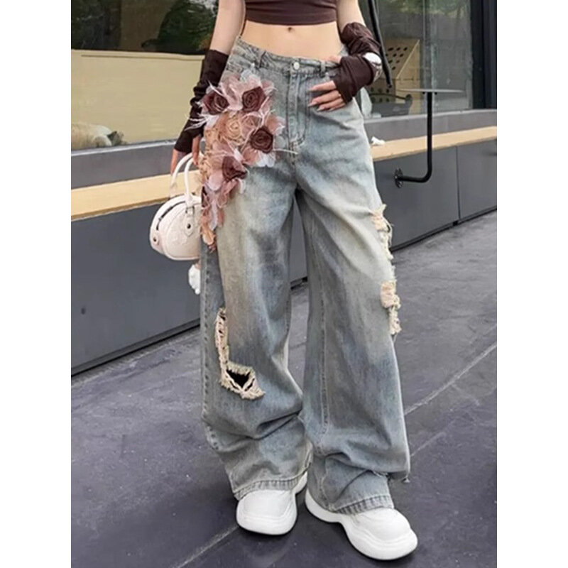 Охоты Брюки JYL Дамские джинсы: Летние, высокая талия, ная вышивка цветов, рваные, широкие, дизайн Чистый цвет талии_L