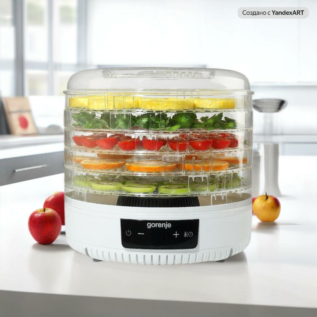 Сушка для фруктов и овощей Gorenje FDK500GCW белый, мощность 380Вт, поддонов: 5шт, температура сушки от 35 С до 70 С