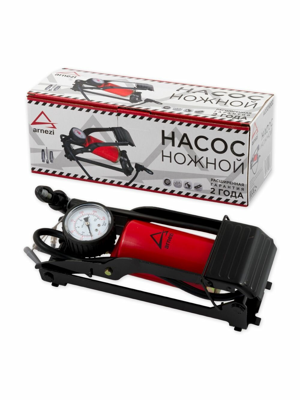 Насос воздушный ножной, одноцилиндровый 360 куб. см с манометром 0-9Атм и шлангом L 60 см ARNEZI A0301002