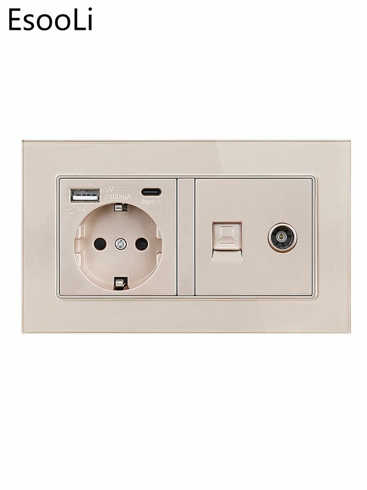 Розетка EU с интерфейсом USB и Type-C, ТВ-порт с интернет-разъемом RJ45, золотая закаленное стекло