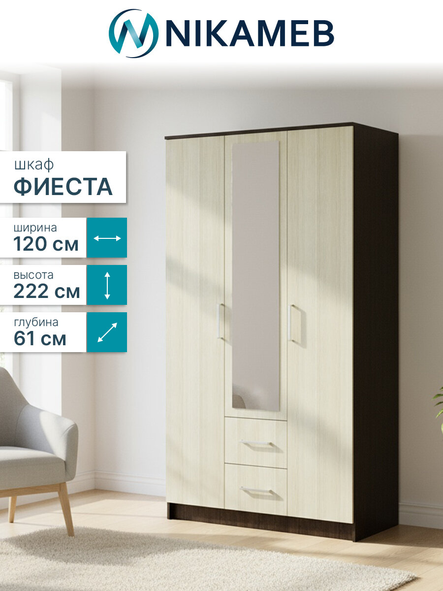 Шкаф распашной для одежды с зеркалом Фиеста, 120х221х61 см