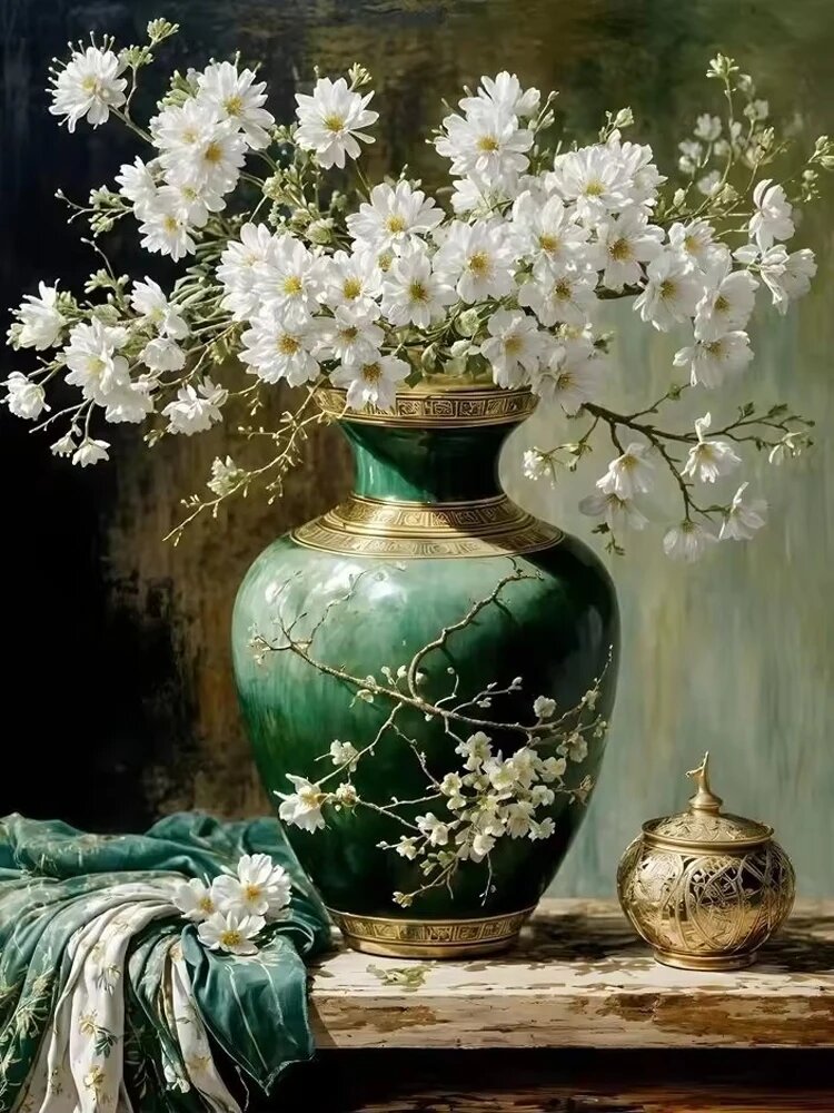 Алмазная картина "Ваза с цветами", 50x65см, изумрудный, FC699