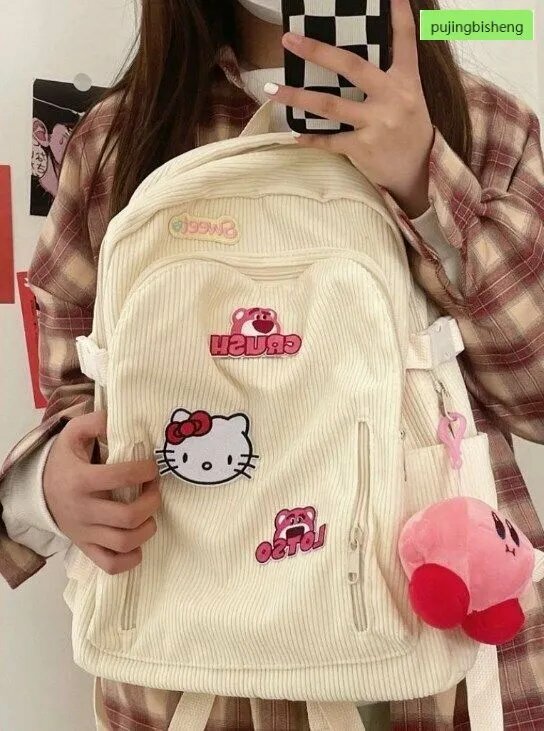 Рюкзак школьный，Вельветовая школьная сумка Hello Kitty, милый студенческий рюкзак