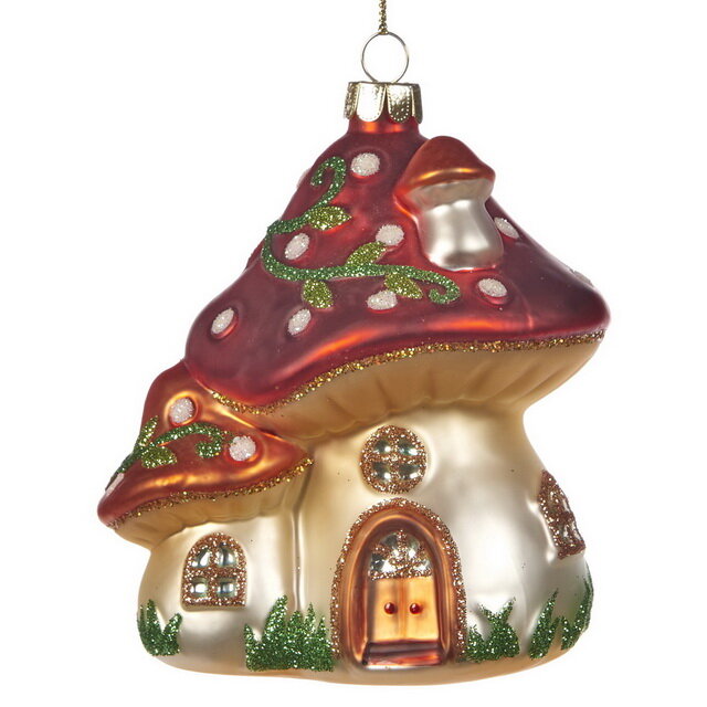 Стеклянная елочная игрушка Грибочек-Домик Гнома Льюиса 11 см, подвеска, Goodwill, YA92445