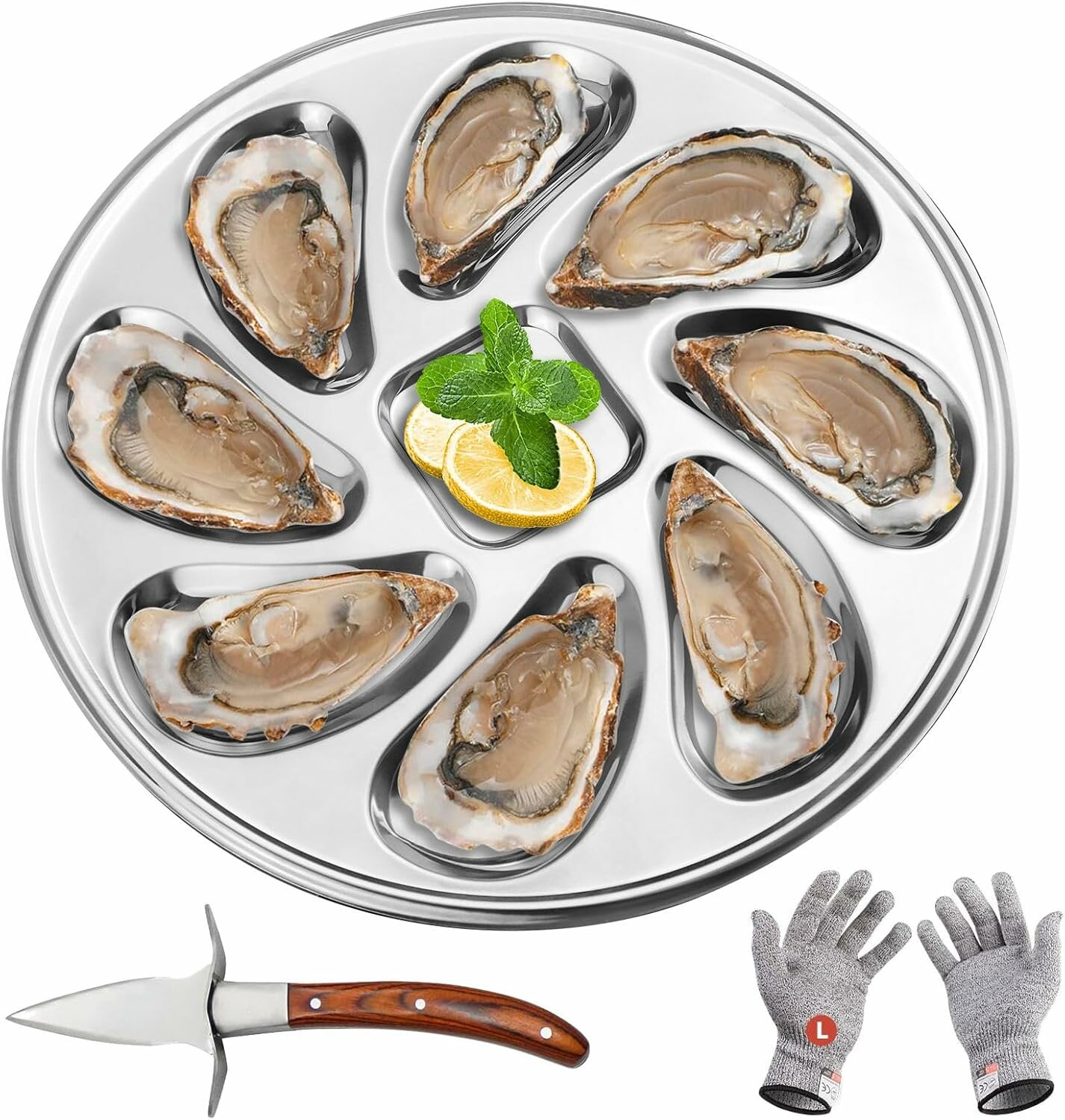 1 лоток для устриц из нержавеющей стали с 8 отделениями, включая ножи для устриц и перчатки для устриц и моллюсков.