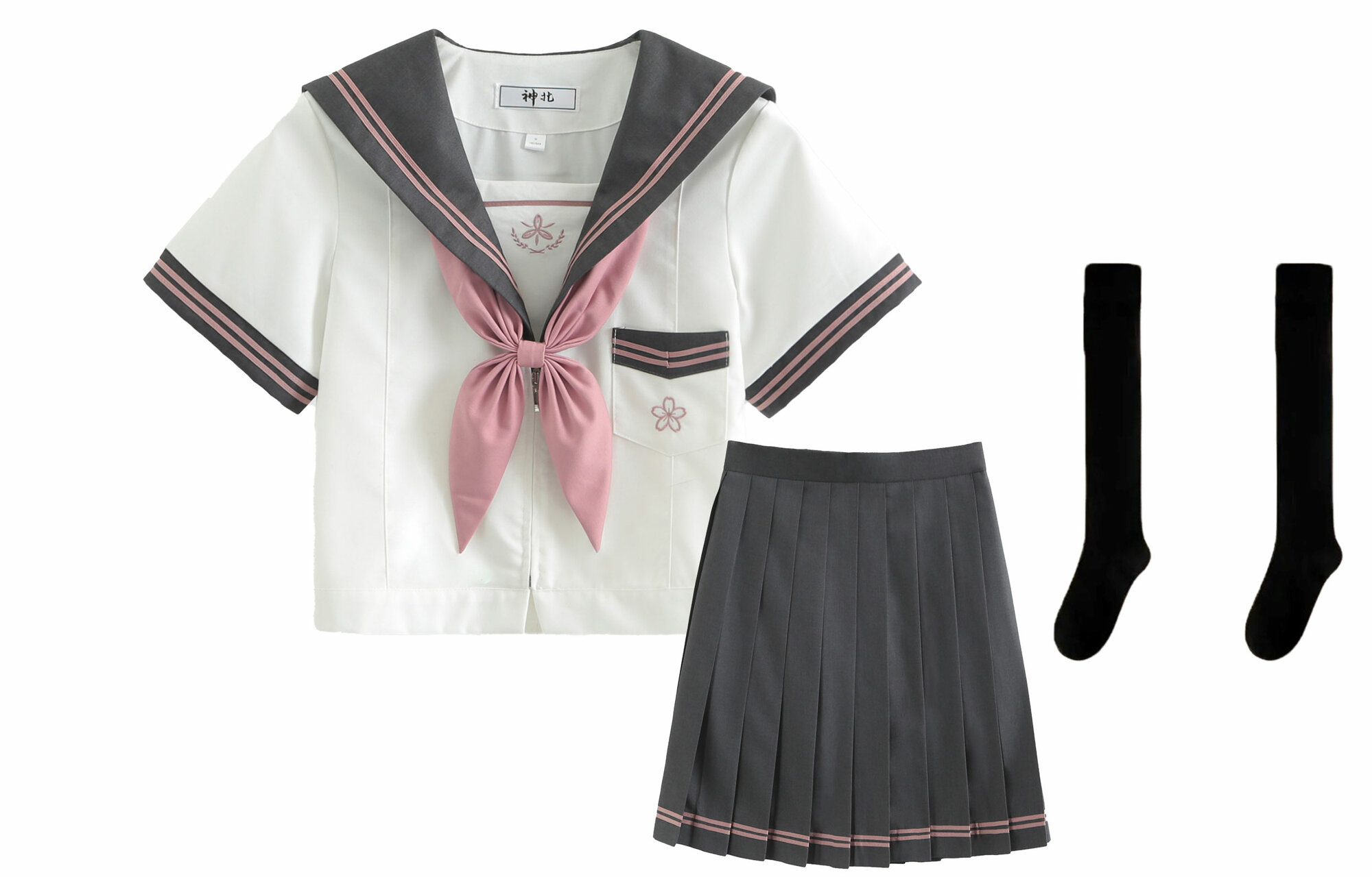 Косплей костюм женский SHENBEI gray pink, L EU, короткий рукав, юбка, носки до икры, узел золотой рыбки