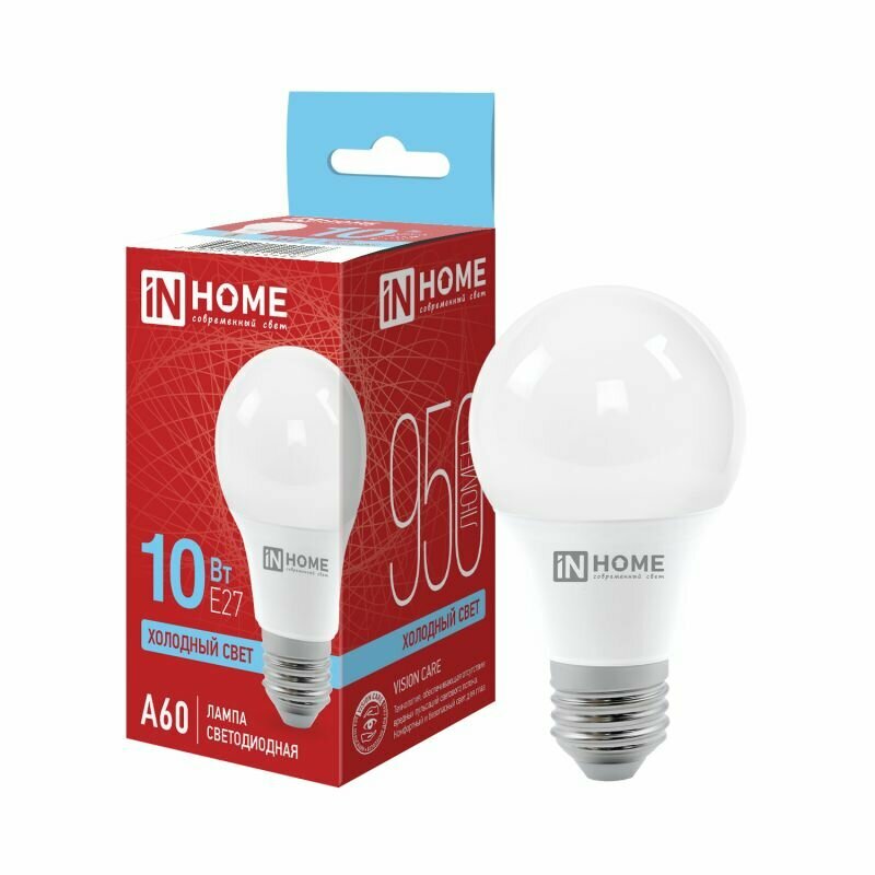 Лампа светодиодная IN HOME LED-A60-VC 10Вт 230В Е27 6500К 950Лм (10шт)