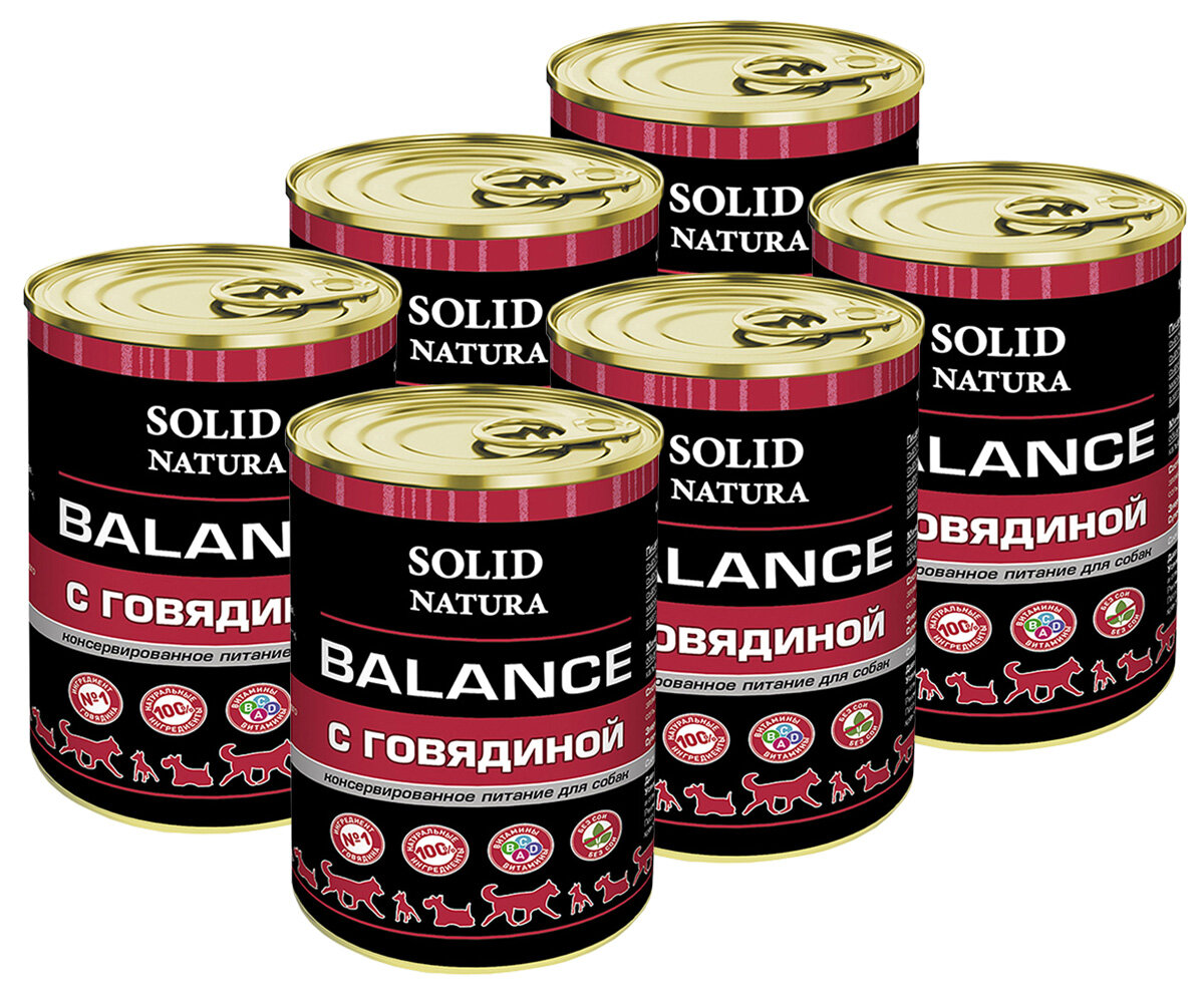 Корм влажный Solid Natura Balance для взрослых собак, с говядиной, 340 г х 6 шт