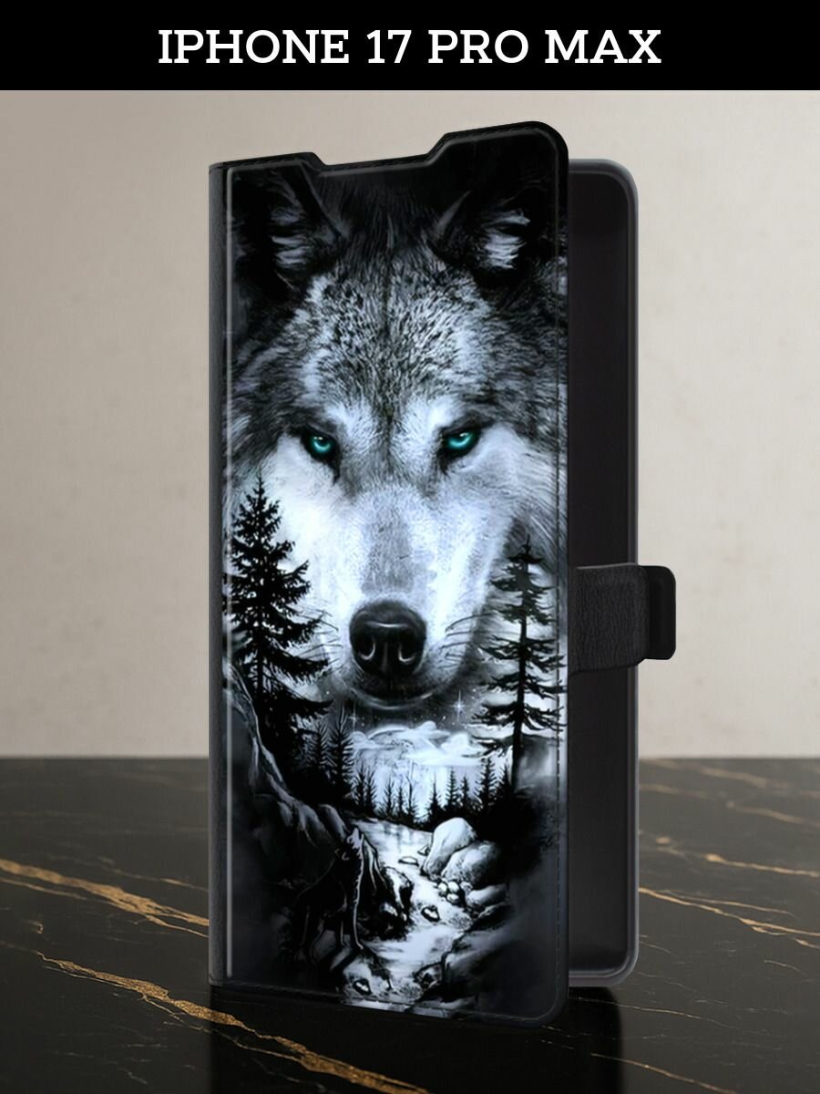 Чехол-книжка на iPhone 17 Pro Max (Айфон 17 Про Макс) с картой и принтом "Волк в зимнем лесу"