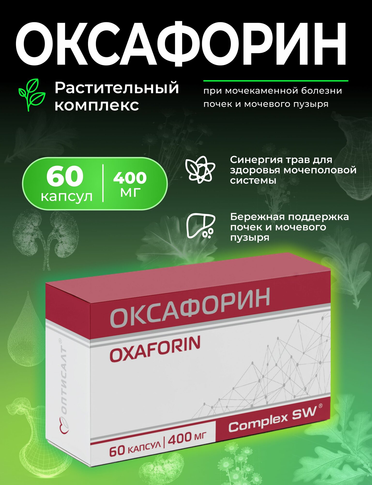 Растительный комплекс при мочекаменной болезни почек и мочевого пузыря "Оксафорин", 60 капсул