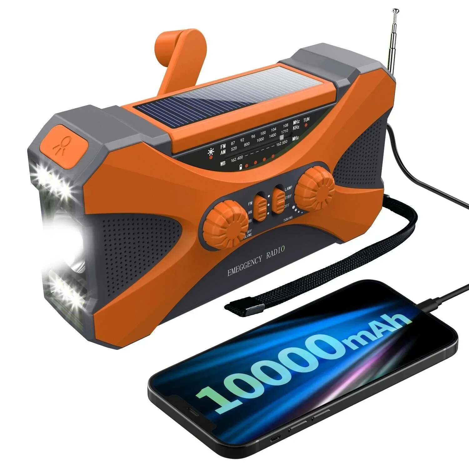 Outdoor 10000mAh Solar Crank Radio AM/FM/NOAA Weather Alert, Dual Stereo Speakers, Phone Charger, LED Torch & SOS Alarm