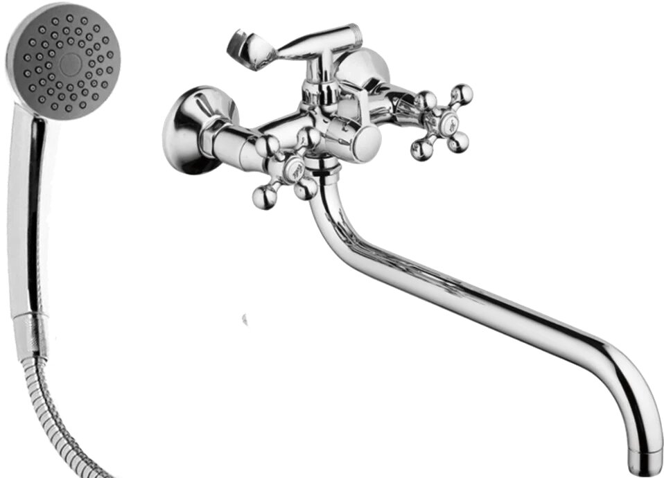 Смеситель с длинным изливом для ванны Haiba HB19 HB2619-2 с душевым гарнитуром, поворотный, латунный, хром, глянцевый, смеситель для ванны с душем, вентильный