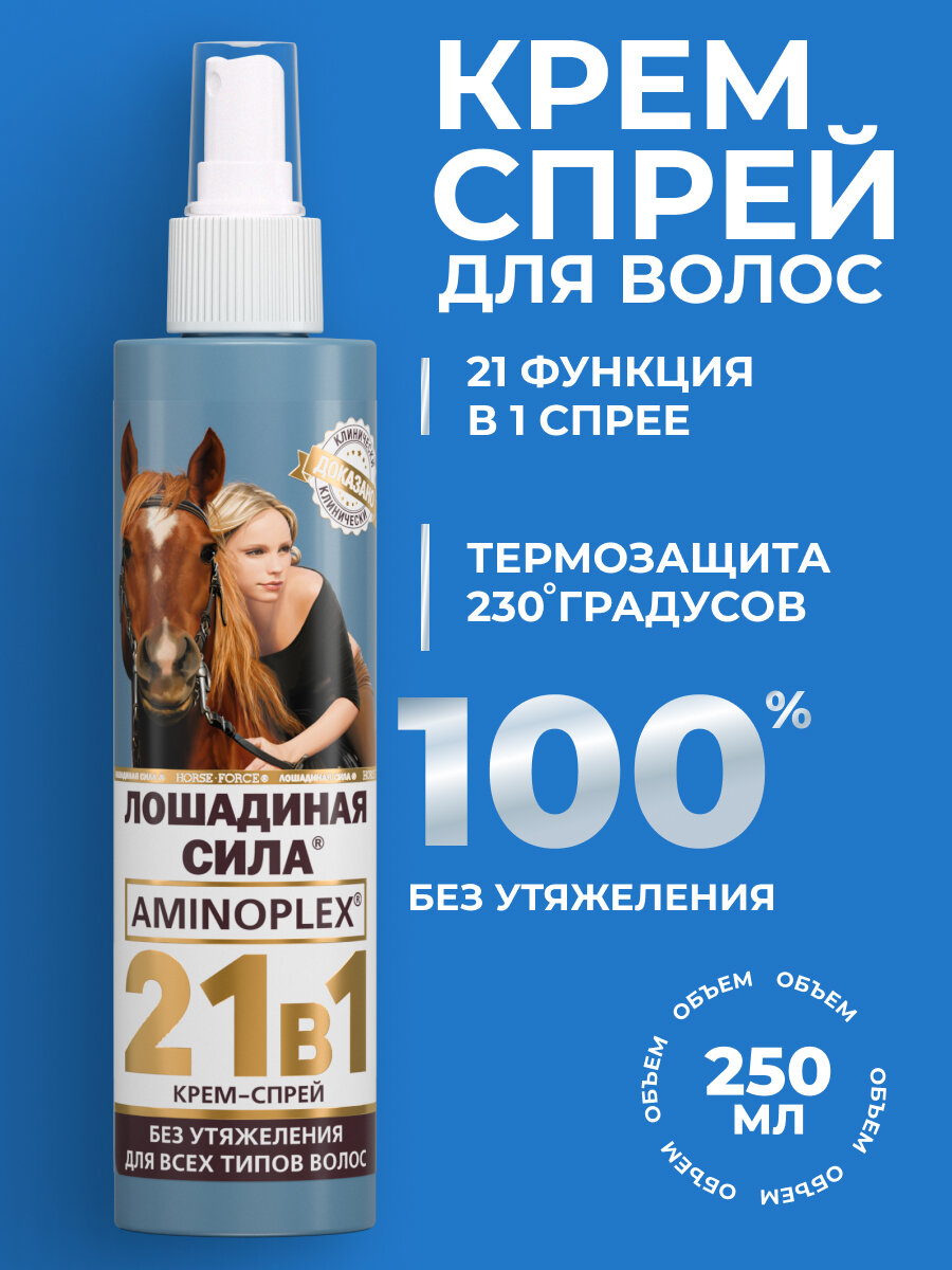 Спрей для волос 21в1 Лошадиная Сила профессиональный с термозащитой до 230 ˚С средство против секущихся кончиков 250мл
