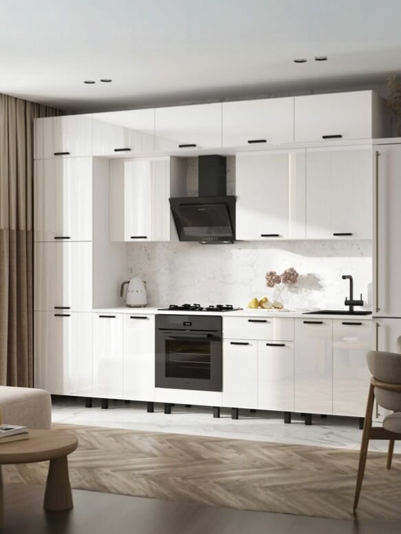 Кухонный гарнитур Техно к.6 3м белый глянец, белый со столешницей миф