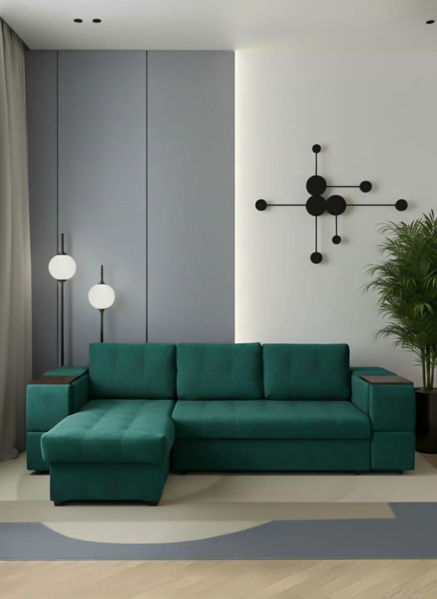 Диван Инвуд Лайт 2 угловой Барный (левый) Vita 028 изумрудный (стол как смотришь справа)260х160х88