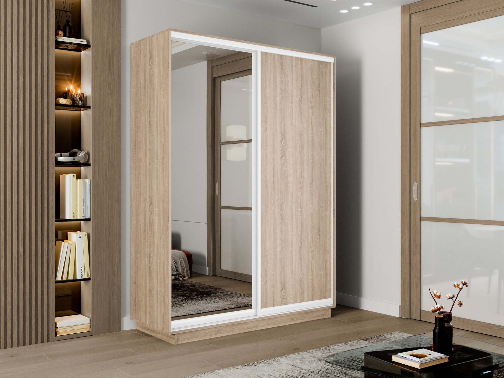 Шкаф купе Вилли 2-х дверный ЛДСП с зеркалом, профиль белый 160 см х 220 см х 60 см (Дуб Сонома)