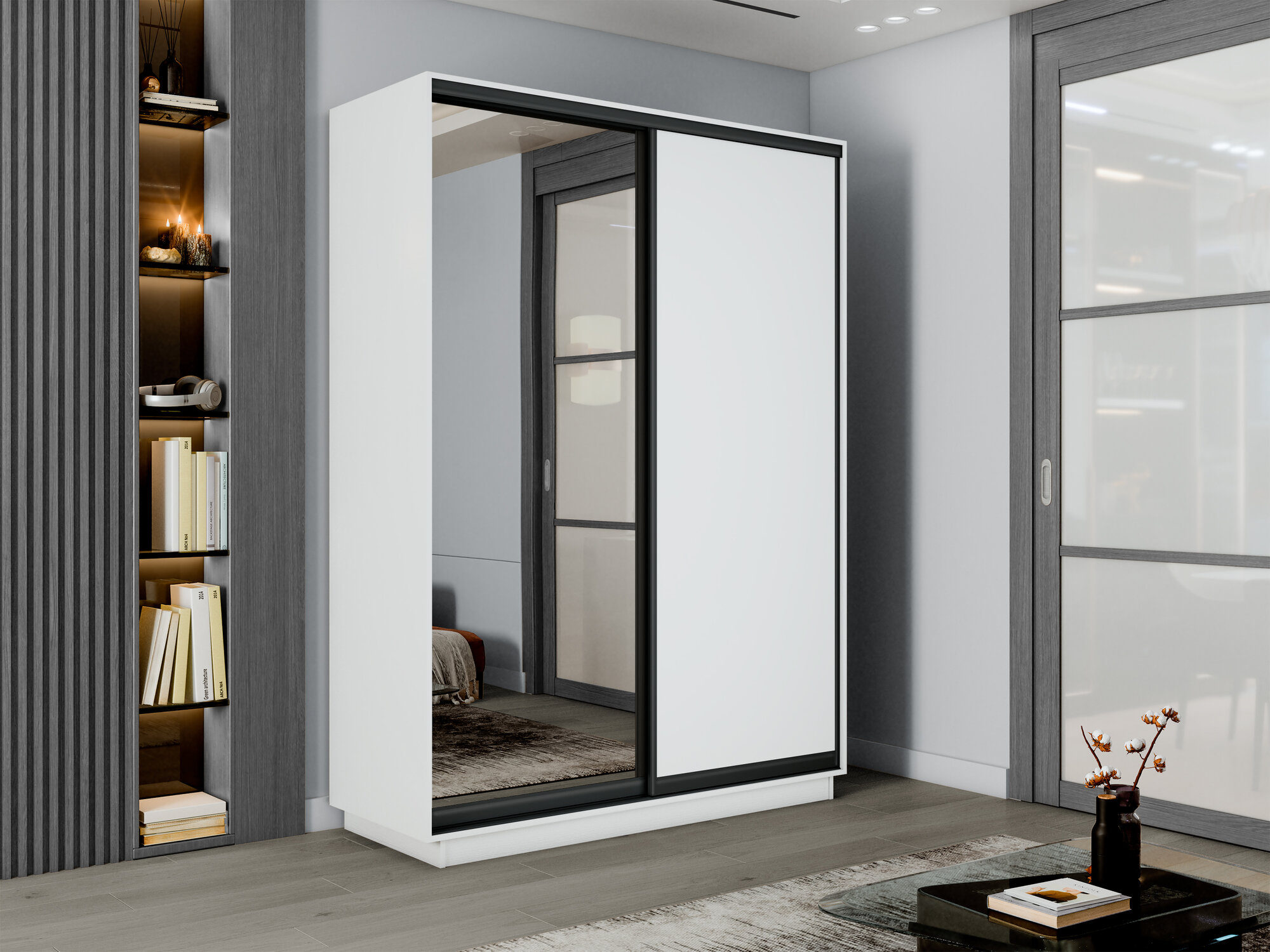 Шкаф купе Вилли 2-х дверный ЛДСП с зеркалом, профиль черный 140 см х 220 см х 45 см (Белый снег)