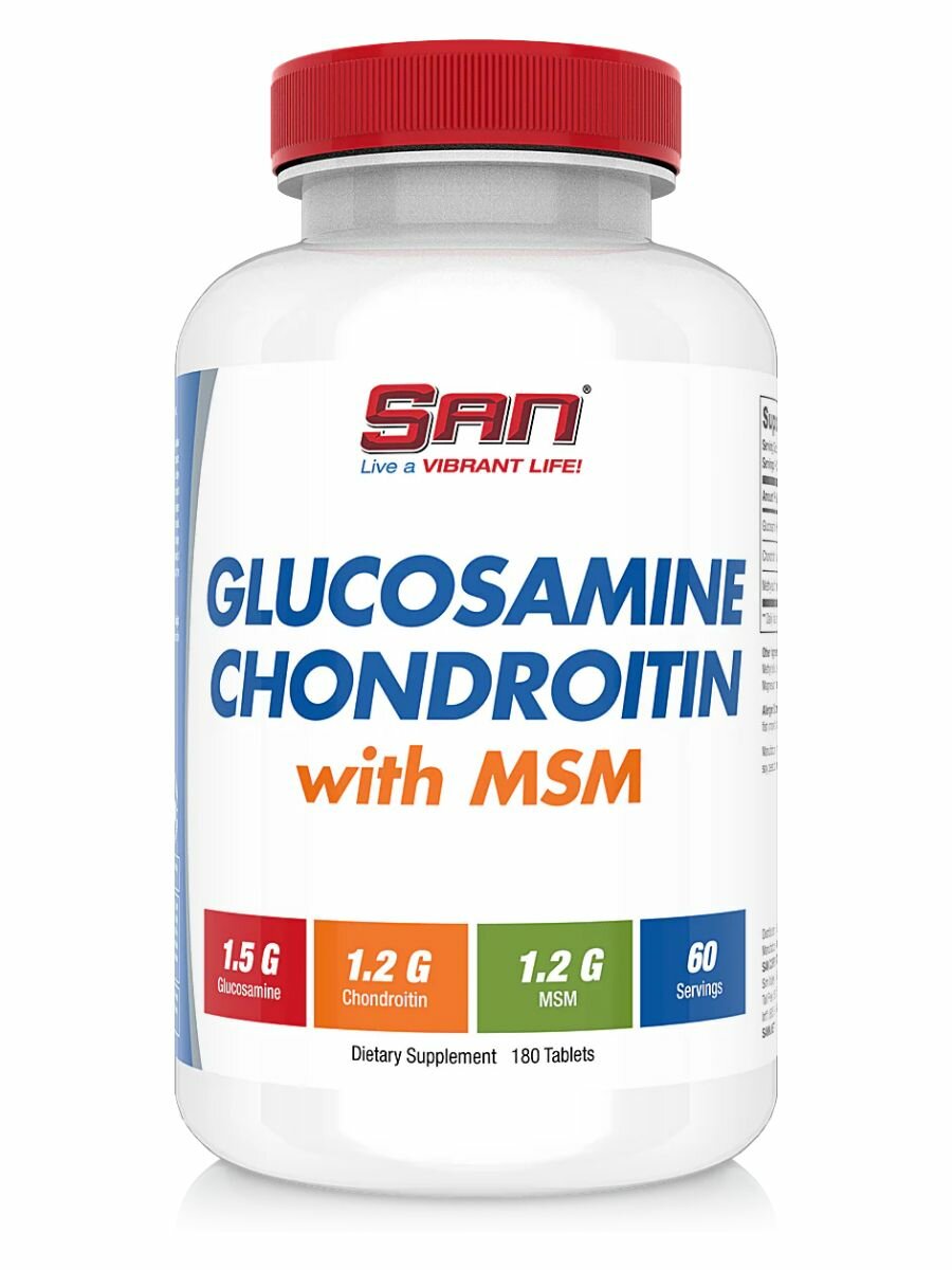 SАN Glucosamine Chondroitin with MSM, Глюкозамин Хондроитин с МСМ для укрепления связок и суставов, 180 таблеток