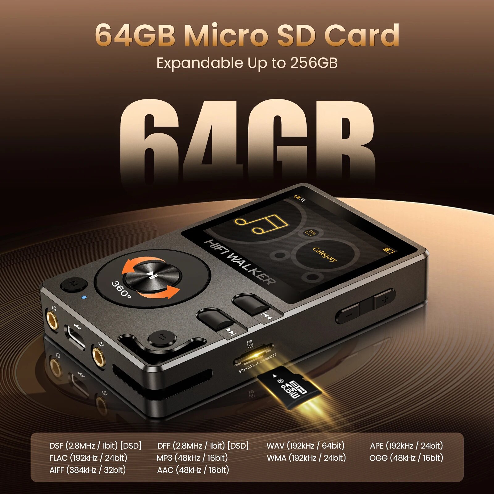 HIFI WALKER H2 MP3-плеер без потерь качества с Bluetooth 5.2, поддержкой DSD128, ЦАП ESS9018, Hi-Res Audio DAP, расширение памяти до 256 ГБ, USB-ЦАП