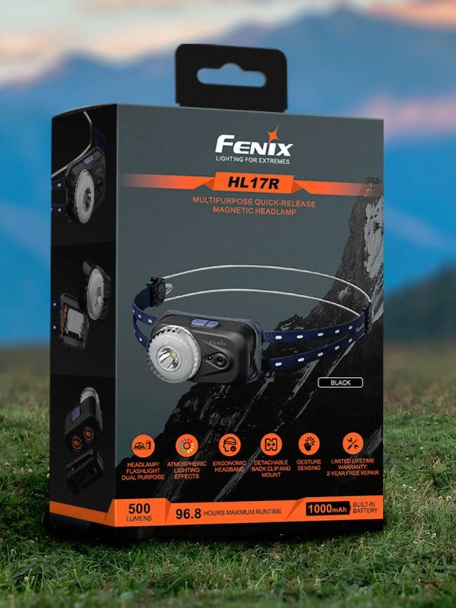 Фонарь Fenix HL17R черный, 500 люмен, дальний, ближний и красный свет, до 100 метров луч, до 96 часов в эко режиме, включение взмахом, магнитное крепление, клипса, Type-C