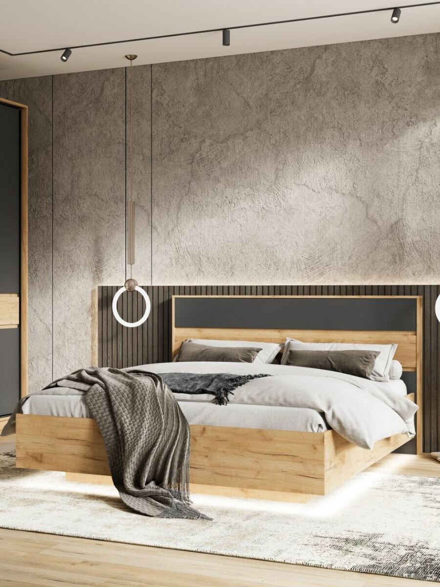 Кровать двуспальная парящая Регина 1708х1000х2117, Дуб Крафт/Графит, ортопедическое основание, подсветка, МИФ