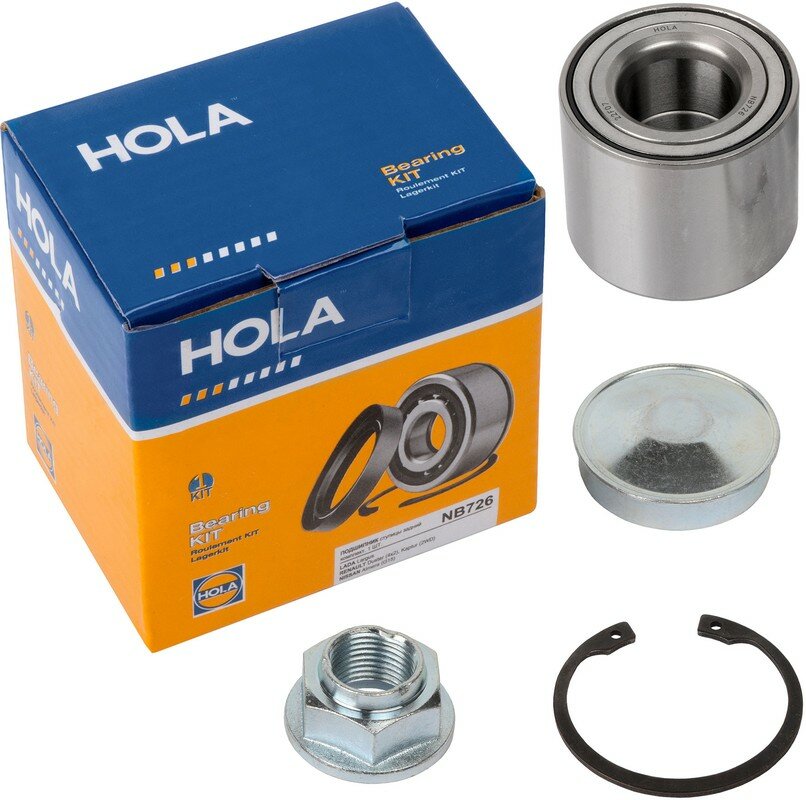 Подшипник ступицы задний HOLA NB726 Duster 2wd, Kaptur 2wd, Logan, Sandero, Stepway Lada Largus, Nissan Almera G15, комплект: стопорное кольцо, гайка, защитный колпачок