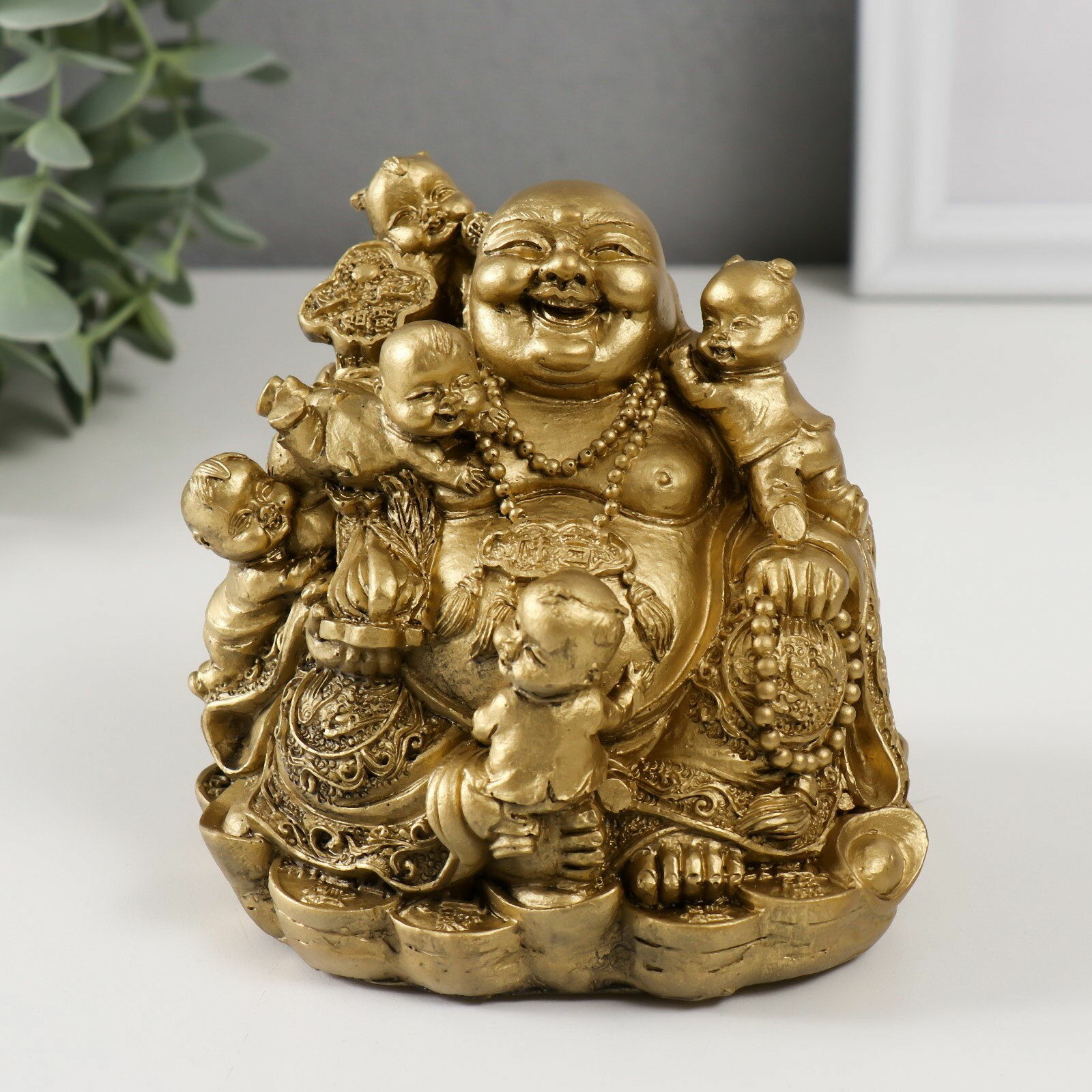 Нэцкэ "Хотей с детьми", полистоун под бронзу, 10.8x10x9.5 см