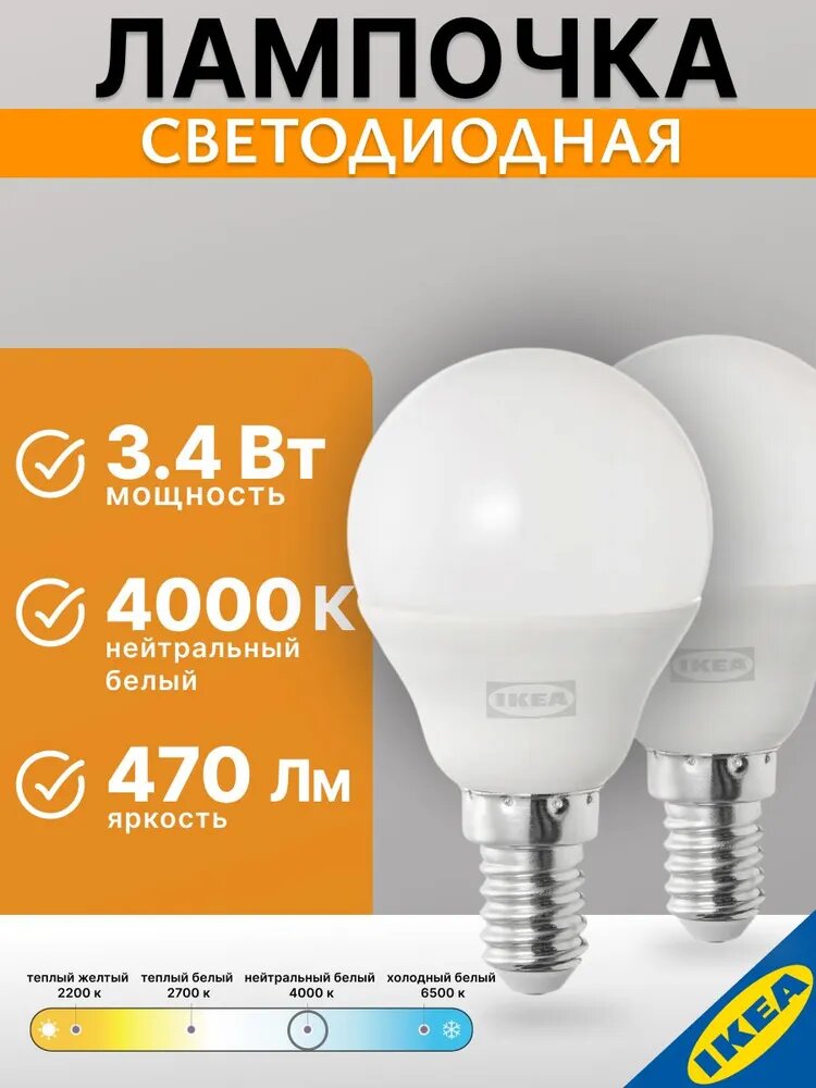 Упаковка Лампа светодиодная 2 шт. IKEA SOLHETTA солхетта 3.4 Вт E14 470 Лм 4000К шаровидный молочный