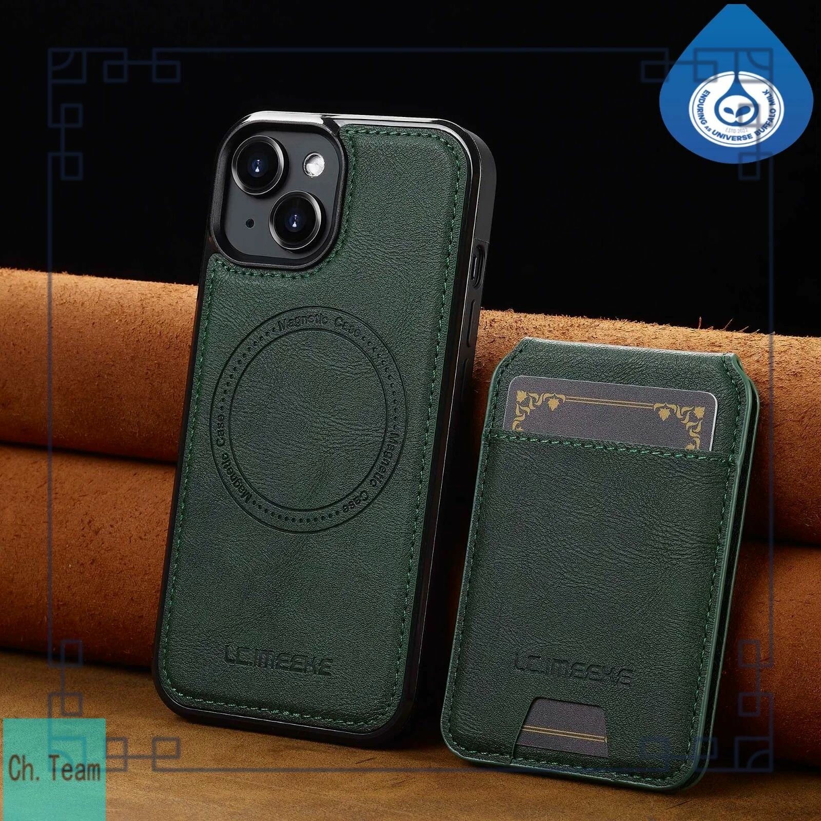 Кожаный чехол для Apple iPhone 13/14 (Эпл Айфон 13/14) со съемным держателем для карт 2 в 1, сильными магнитами, поддержкой беспроводной зарядки, защитой RFID