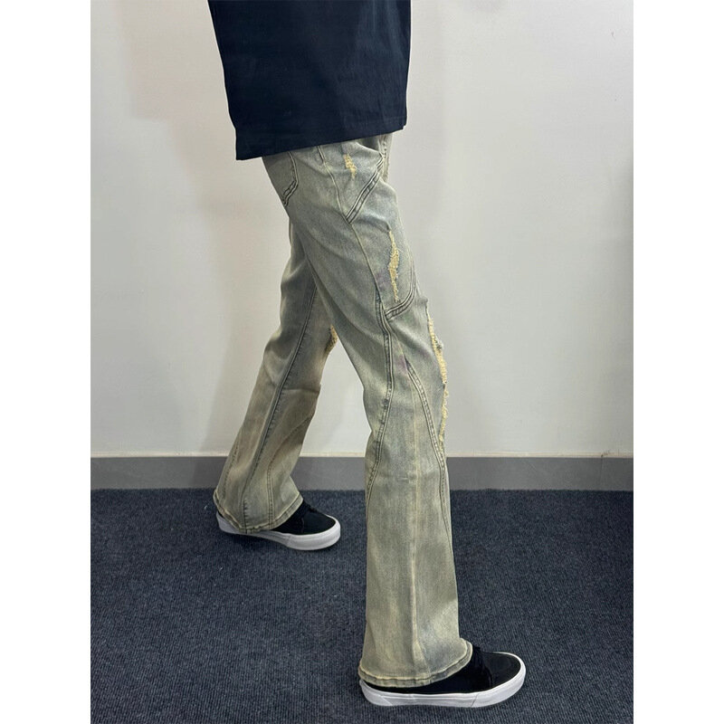 Тренд RONG CH Унисекс Джинсы Флэр Зимние Полосы Чиный Фит Деним, Размер_XL