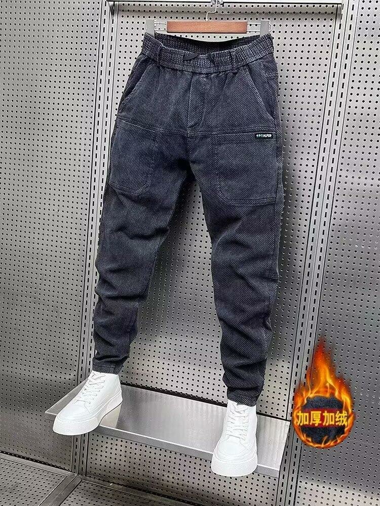 Тренд RONG CH Мужские Джинсы Слим Зима Меховые Шесть Карманов Деним, Размер_XL